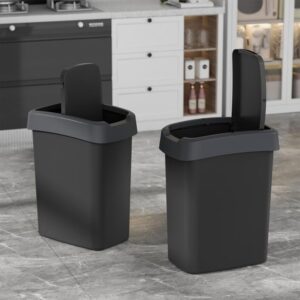 todaygo 2 pack 2.6 gallon/10 liter swing top trash can, small garbage can with lid, plastic lidded wastebasket, black slim trash bin for bathroom, kitchen, bedroom, office, narrow corner