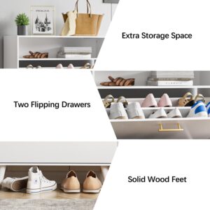 Wananlanen White Shoe Storage Cabient with 2 Flip Drawer, Narrow Freestanding White Shoe Organizer Cabinet, Modern Shoe Racks with Open Shelves for Entryway