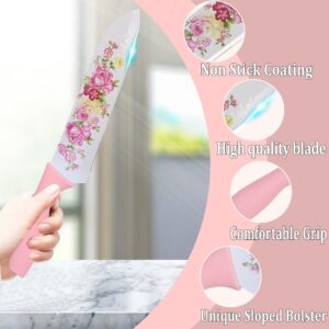 KoudHug Kitchen Knife Set, Pink Flower 7-pieces Stainless Steel Sharp Chef Cooking Non-slip Knife Set with Acrylic Stand & Block, Non-stick Colorful Coating Present for Women and family (Pink)