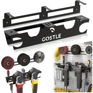 gostle 2 bay angle grinder holder with discs hook rack, grinders power tools holder storage rack, wall mount organizer bracket for cutters polishers with cord hanger and hooks