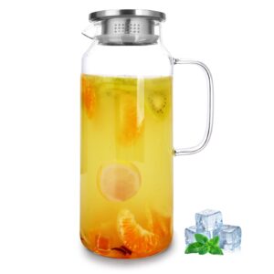 glass pitcher with lid 2 liter / 68 oz water pitcher with lid and handle, borosilicate glass carafe for hot/cold water, iced coffee, juice, tea, milk and homemade beverage