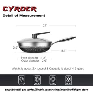 Cyrder Hybrid Nonstick 12.5Inch 316 Stainless Steel Pan, PFOA Free Wok, Dishwasher Oven Safe, Stay Cool Handle Skillet, Works with Induction Cooktop/Ceramic/Gas/Electric Stovetop