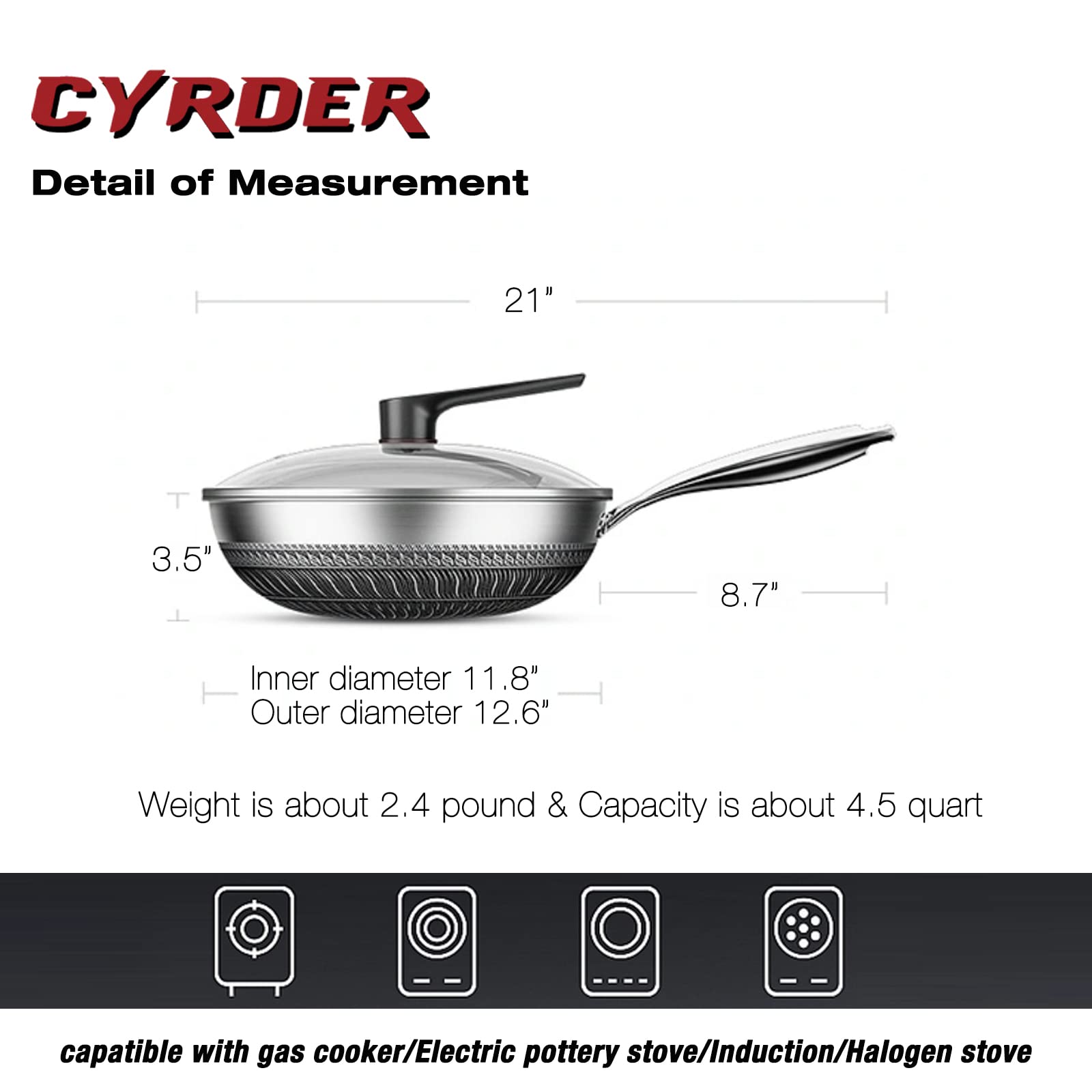 Cyrder Hybrid Nonstick 12.5Inch 316 Stainless Steel Pan, PFOA Free Wok, Dishwasher Oven Safe, Stay Cool Handle Skillet, Works with Induction Cooktop/Ceramic/Gas/Electric Stovetop