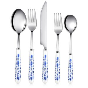 rimcereal 5 pcs chinoiserie silverware set blue and white porcelain silverware stainless steel utensils set with ceramic handle includes knives forks spoon for wedding high tea gift for christmas