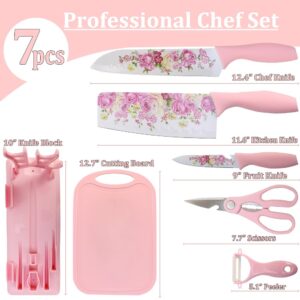 KoudHug Kitchen Knife Set, Pink Flower 7-pieces Stainless Steel Sharp Chef Cooking Non-slip Knife Set with Acrylic Stand & Block, Non-stick Colorful Coating Present for Women and family (Pink)