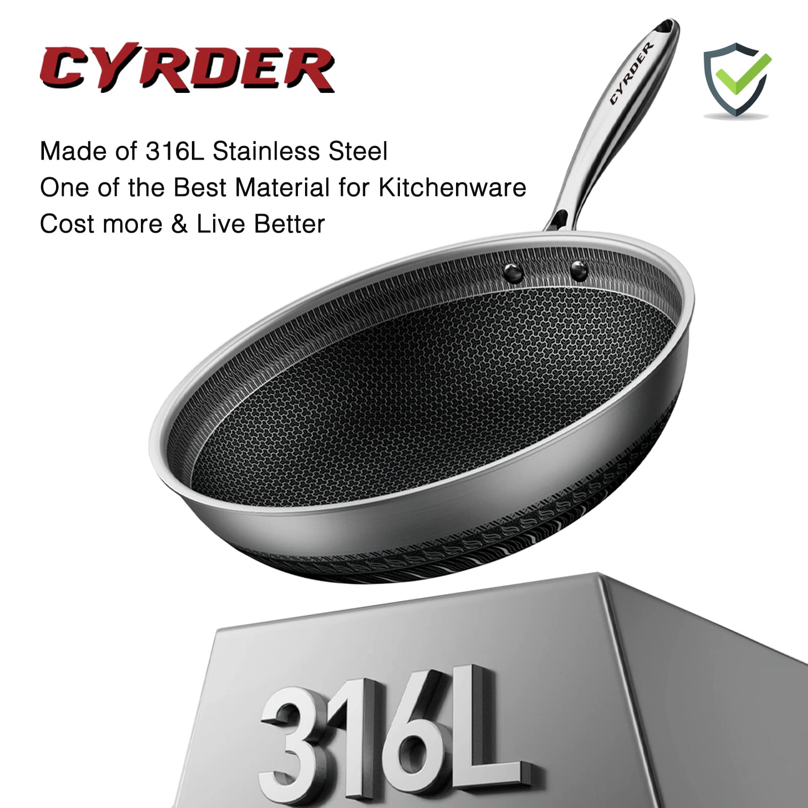 Cyrder Hybrid Nonstick 12.5Inch 316 Stainless Steel Pan, PFOA Free Wok, Dishwasher Oven Safe, Stay Cool Handle Skillet, Works with Induction Cooktop/Ceramic/Gas/Electric Stovetop