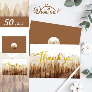 Whaline 50 Packs Fall Forest Gold Foil Thank You Cards Autumn Nature Greeting Cards Blank Note Cards with Envelopes and Stickers for Thanksgiving Wedding Birthday Party, 4 x 6 Inch