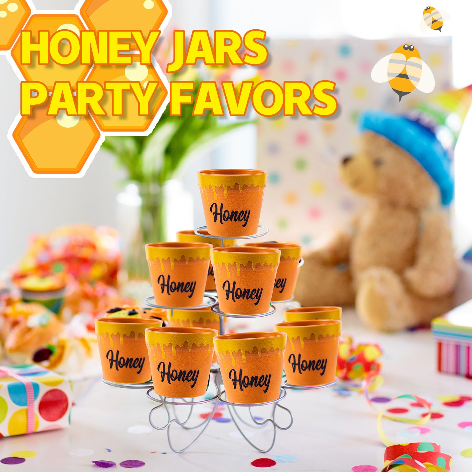 meekoo 16 Sets Mini Honey Jars with Wooden Dippers Bee Charms for Honey Party Favors Bee Themed Baby Shower Favors for Guests Wedding Party Favors