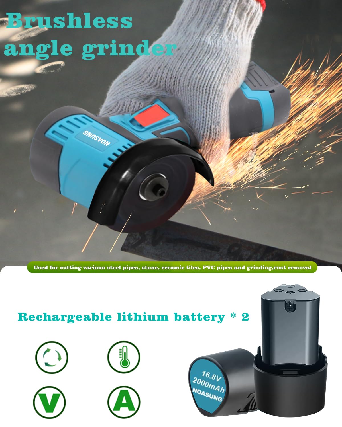 Brushless Angle Grinder, 16.8V Battery Cordless Angle Grinder Mini Portable Electric Polishing Cutting Tool with 2 Batteries,5 Discs, Best for Metal, Wood, Thin Steel, Pipe, Plastic and More