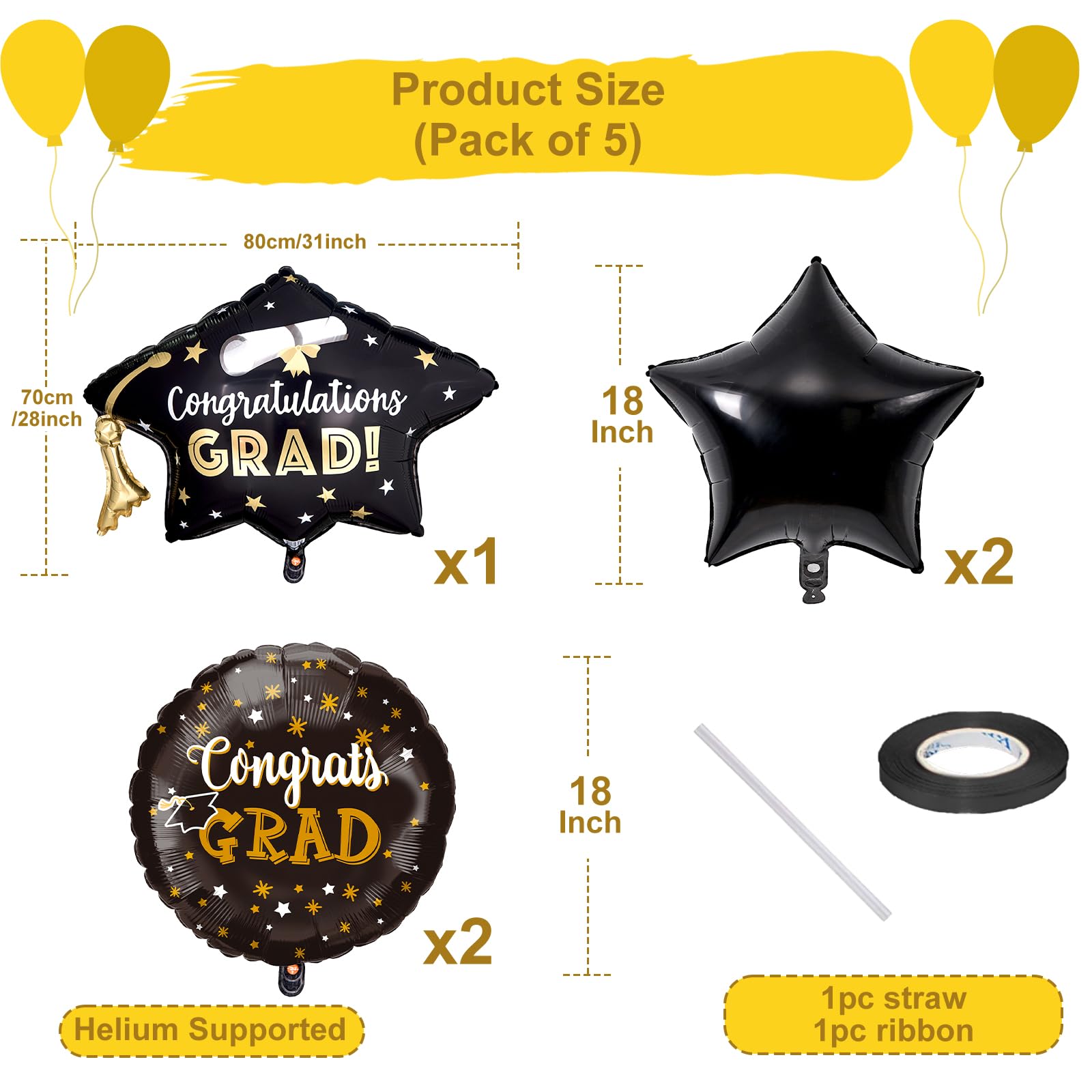 5Pcs Graduation Foil Balloons Class of 2024 Congrats Grad Mylar Balloons Decorations Set with Black Diploma Bachelor Cap Star Aluminum Helium Balloons for College Congratulations Graduate Party Decor