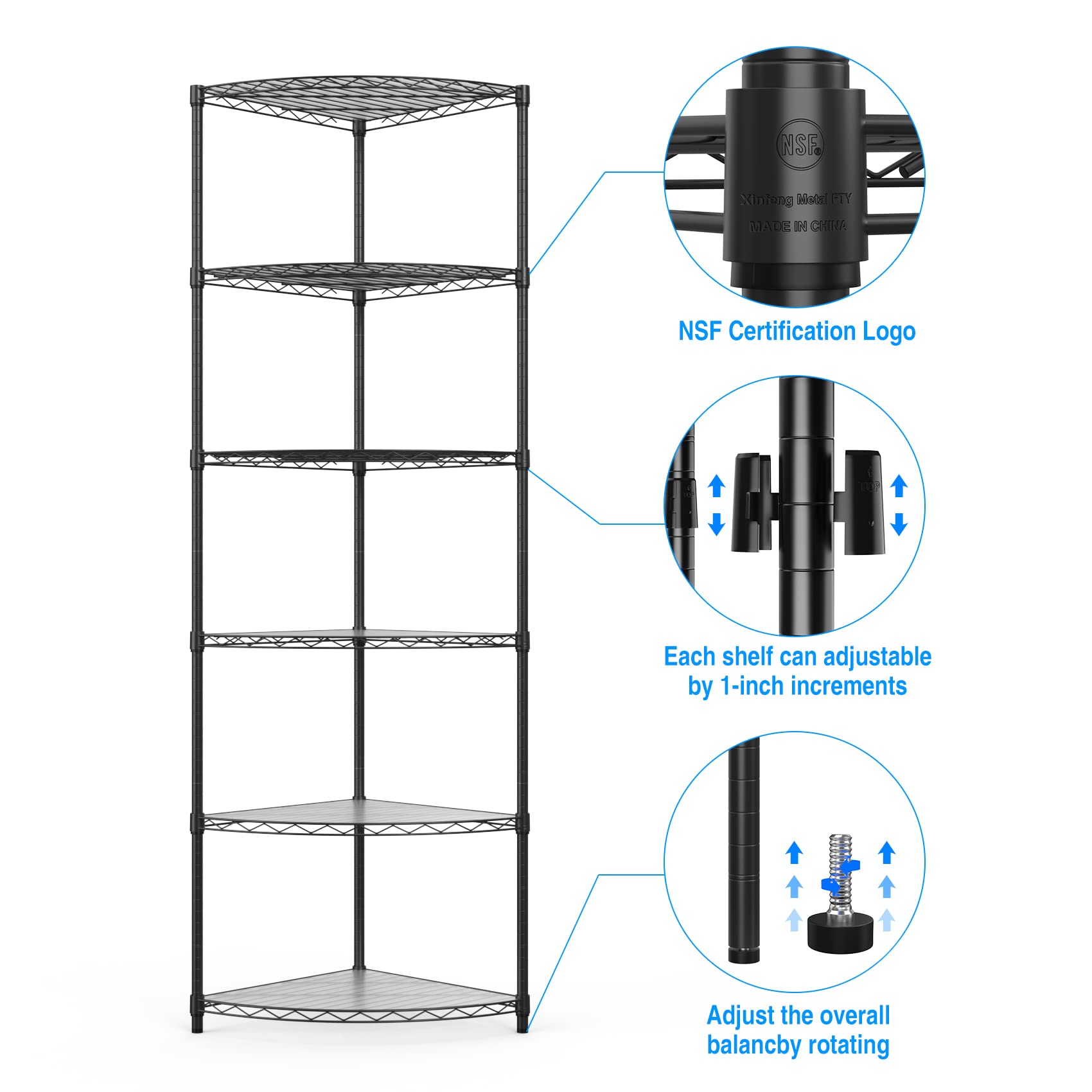 Ufurpie 6 Tier Narrow Corner Wire Shelving Unit NSF Metal Shelf, 420lbs Capacity, Adjustable Storage Rack with Leveling Feet & Shelf Liners for Kitchen Garage Room,72" H X 18" L X 18" D