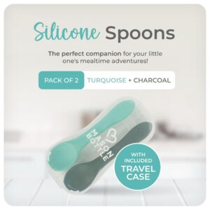 Mason Bottle Silicone Baby Spoons (2-Pack) - Feeding Spoons for Babies 6-12 Months & Up - BPA-Free, Non Toxic Baby Spoons - Baby Puree Spoons, Infant Utensils w/Case (Teal & Grey)