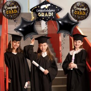 5Pcs Graduation Foil Balloons Class of 2024 Congrats Grad Mylar Balloons Decorations Set with Black Diploma Bachelor Cap Star Aluminum Helium Balloons for College Congratulations Graduate Party Decor