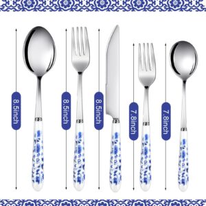 RimCereal 5 Pcs Chinoiserie Silverware Set Blue and White Porcelain Silverware Stainless Steel Utensils Set with Ceramic Handle Includes Knives Forks Spoon for Wedding High Tea Gift FOR Christmas