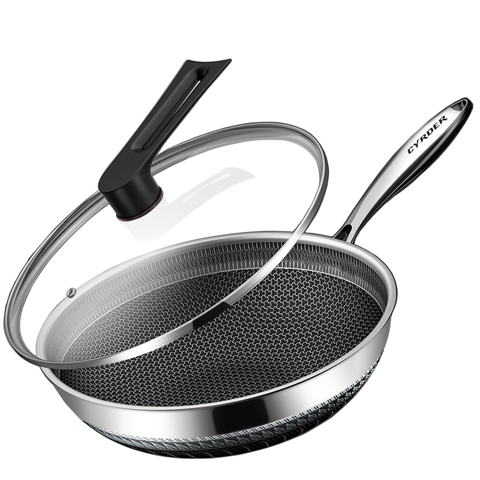 Cyrder Hybrid Nonstick 12.5Inch 316 Stainless Steel Pan, PFOA Free Wok, Dishwasher Oven Safe, Stay Cool Handle Skillet, Works with Induction Cooktop/Ceramic/Gas/Electric Stovetop