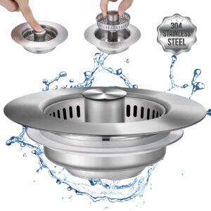 upgraded 3 in 1 kitchen sink drain strainer - stainless steel sink stopper, anti-clogging sink food catcher basket, fast drainage odor filter sink plug for us standard 3 1/2 inch drain (silver-1pack)