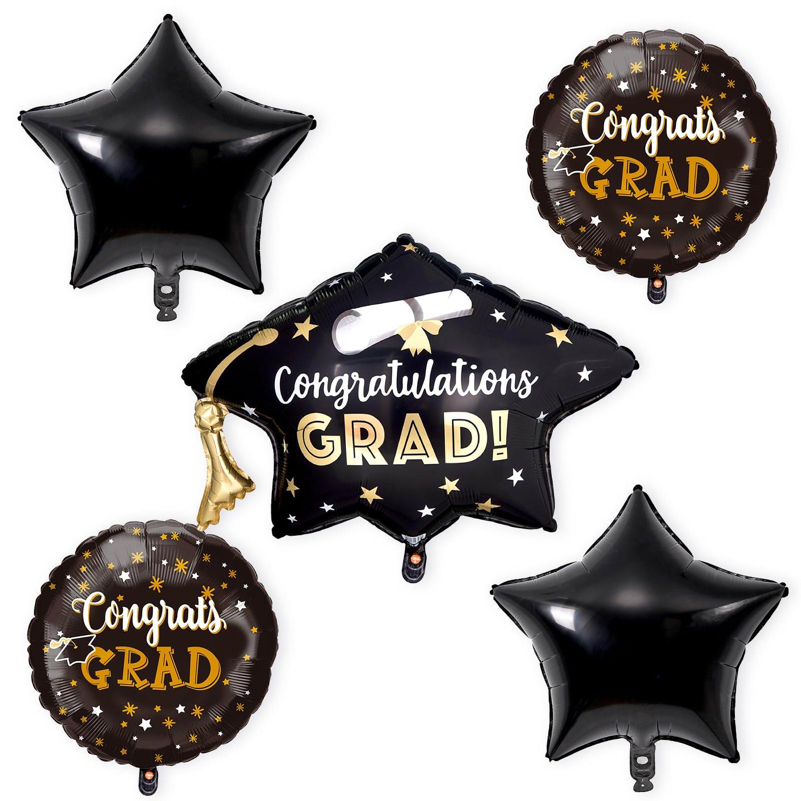 5Pcs Graduation Foil Balloons Class of 2024 Congrats Grad Mylar Balloons Decorations Set with Black Diploma Bachelor Cap Star Aluminum Helium Balloons for College Congratulations Graduate Party Decor