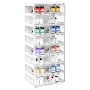 binsio shoe organizer, portable shoes rack for closet, shoe storage boxes, foldable shoe cabinet for entryway, easy assemble plastic stackable sneaker bins with magnetic clear doors, 8 tiers 16 pairs