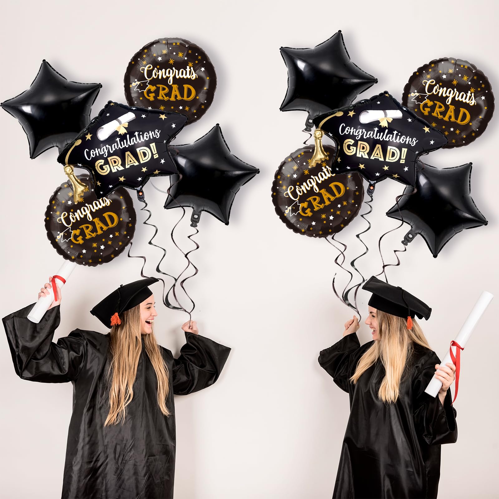 5Pcs Graduation Foil Balloons Class of 2024 Congrats Grad Mylar Balloons Decorations Set with Black Diploma Bachelor Cap Star Aluminum Helium Balloons for College Congratulations Graduate Party Decor