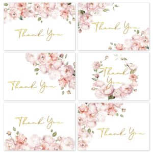 whaline 36 packs floral gold foil thank you cards watercolor pink flower greeting cards blank note cards with envelopes and stickers for wedding baby shower bridal shower party, 4 x 6 inch