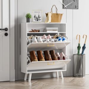 Wananlanen White Shoe Storage Cabient with 2 Flip Drawer, Narrow Freestanding White Shoe Organizer Cabinet, Modern Shoe Racks with Open Shelves for Entryway