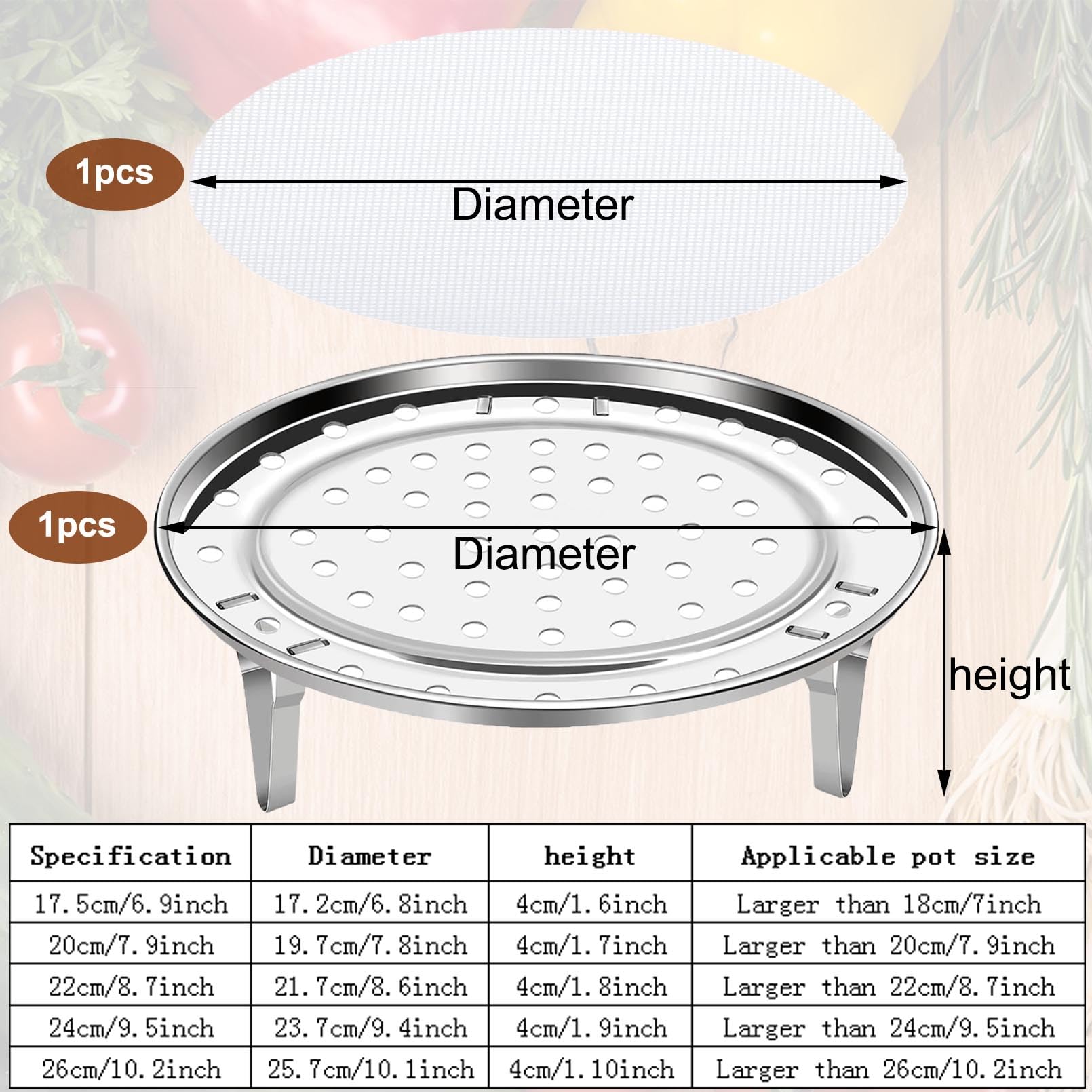 Round Steamer Rack 1pcs with Silicone Steamer Liners, Stainless Steel Food Steamer Basket with Removable Stand for Steamer Cooking, Instant Pot Steamer Basket for Vegetables Dumplings fish and Seafood (Round-6.9inch/17.5cm)