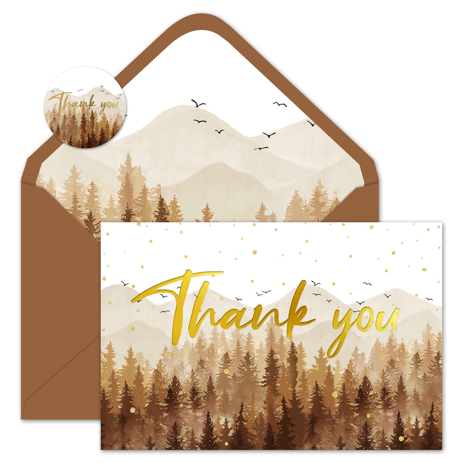 Whaline 50 Packs Fall Forest Gold Foil Thank You Cards Autumn Nature Greeting Cards Blank Note Cards with Envelopes and Stickers for Thanksgiving Wedding Birthday Party, 4 x 6 Inch