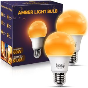 daluxshop amber sleep light bulbs, blue light blocking, a19 9w(60 watt equivalent) dim light bulbs for lamp, 1800k warm light bulbs, e26 for healthy sleep, bedroom, kids room, 2 pack