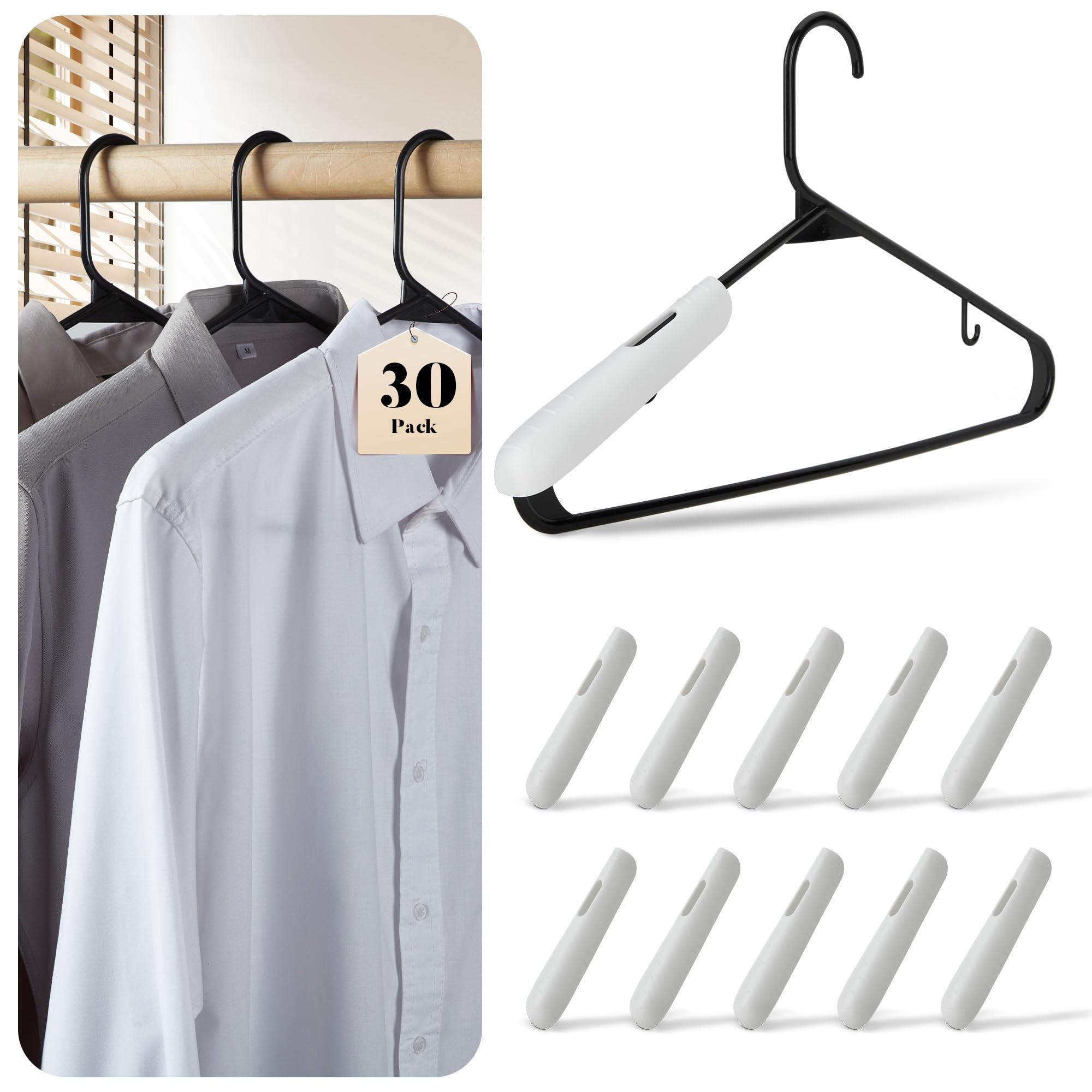 HOUSE DAY Plastic Hangers Shoulder Expanders, Anti-Deformation Garment Protectors, Extensions for Clothes Hangers, Prevents Shoulder Bumps & Clothing Shape, Durable & Easy to Use (White 30 Pack)