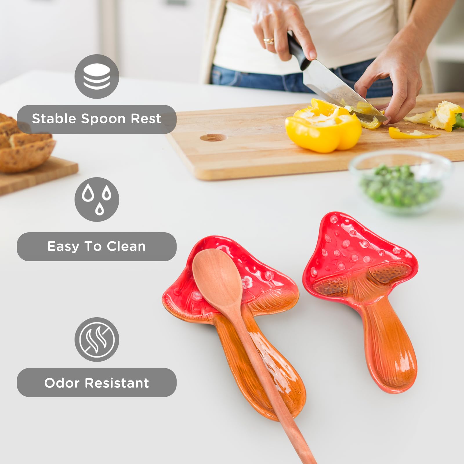 Leepenk Spoon Rest For Stove Top 2 Pack, Ceramic Mushroom Spoon Holder for Cooking, Spatula Holder, Utensil Rest for Kitchen Counter,Farmhouse Warming Gift