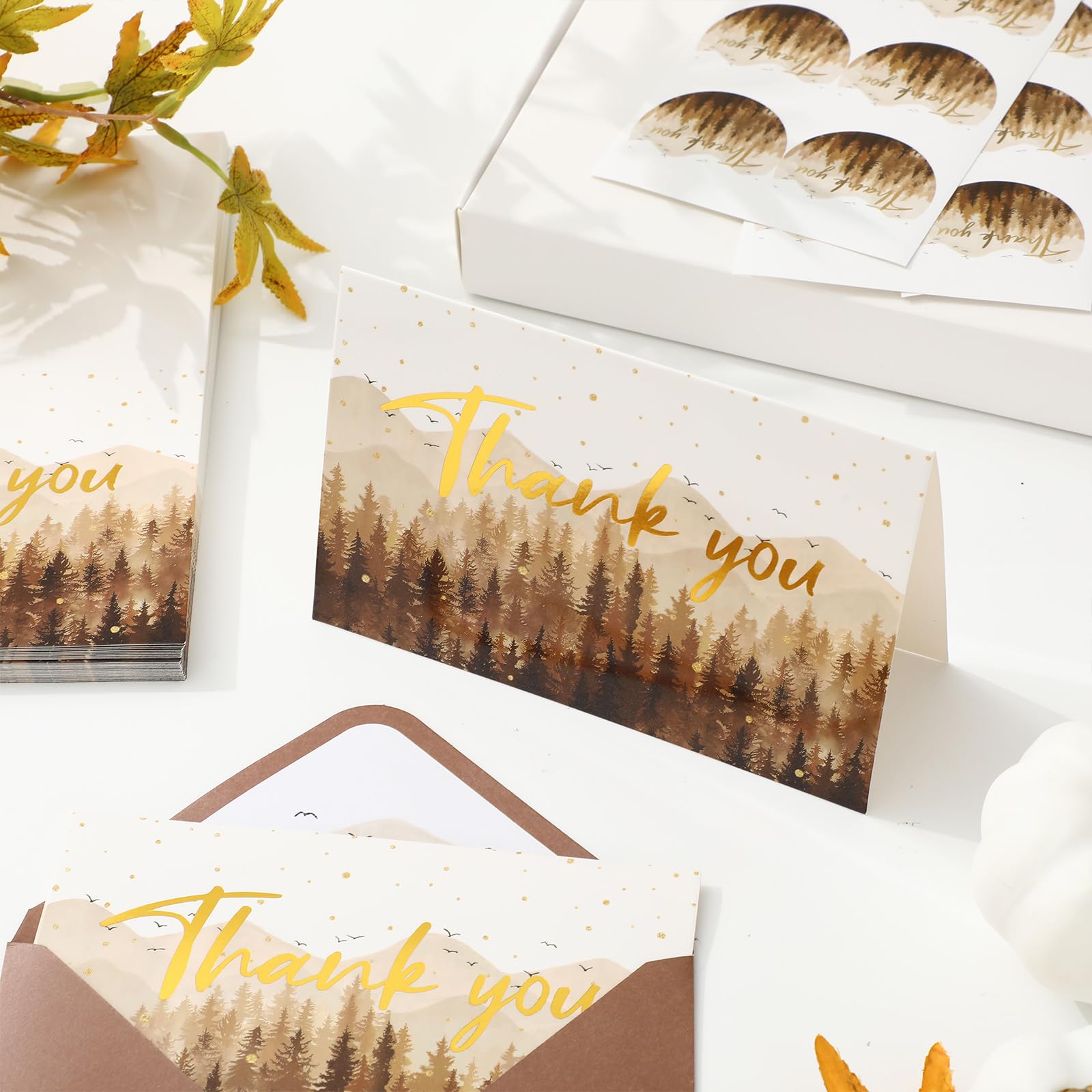 Whaline 50 Packs Fall Forest Gold Foil Thank You Cards Autumn Nature Greeting Cards Blank Note Cards with Envelopes and Stickers for Thanksgiving Wedding Birthday Party, 4 x 6 Inch