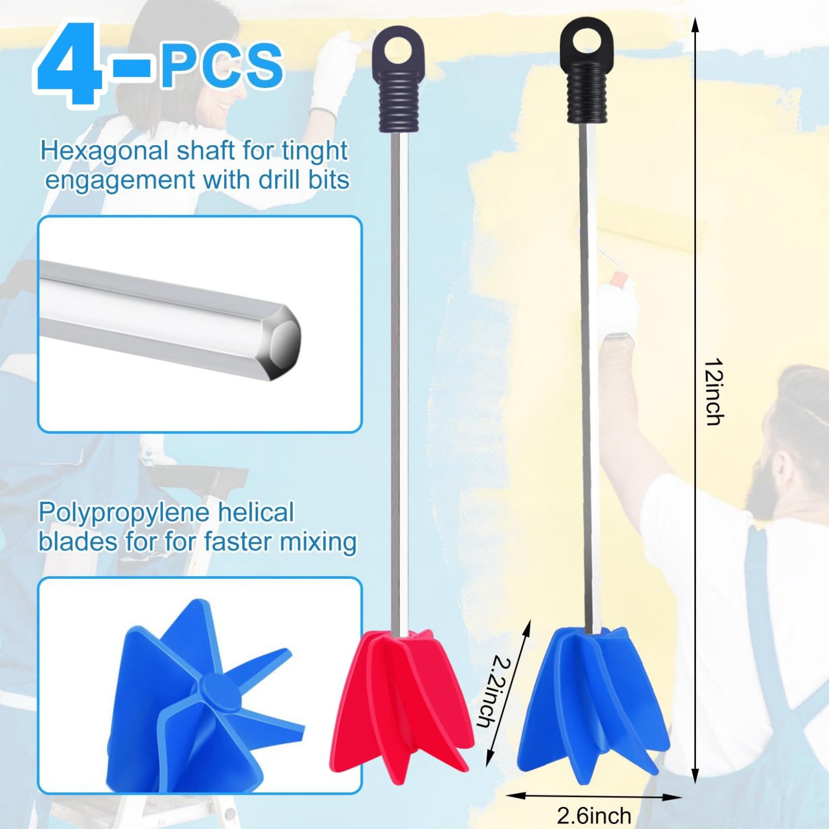 11.8 Inch Paint Stirrer for Drill, Drill Mixer Attachment, Epoxy Mixer, Paint Mixer for Drill, Helix Drill Paint Mixer for Most Drills, Resin Mixer, Mixing Concrete Resin Paint (1)