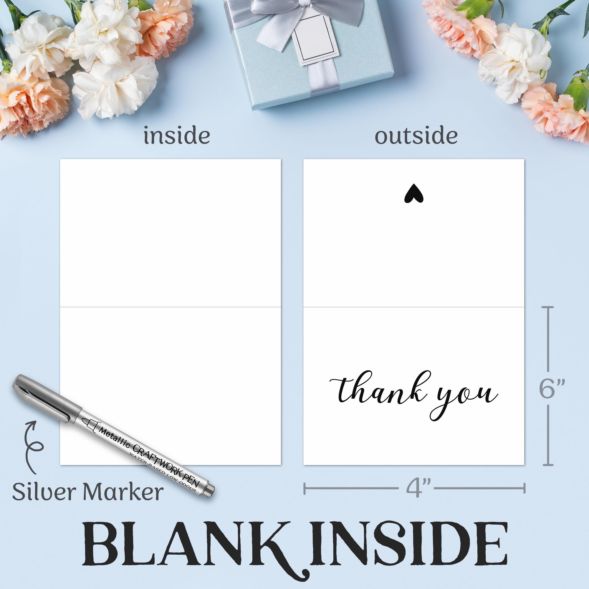 100 Pack Thank You Cards with Envelopes – 4x6 White Thank You Cards Bulk with Envelopes, Stickers and Marker – Elegant Thank You Note Cards for Baby Shower, Wedding, Funeral, Graduation.