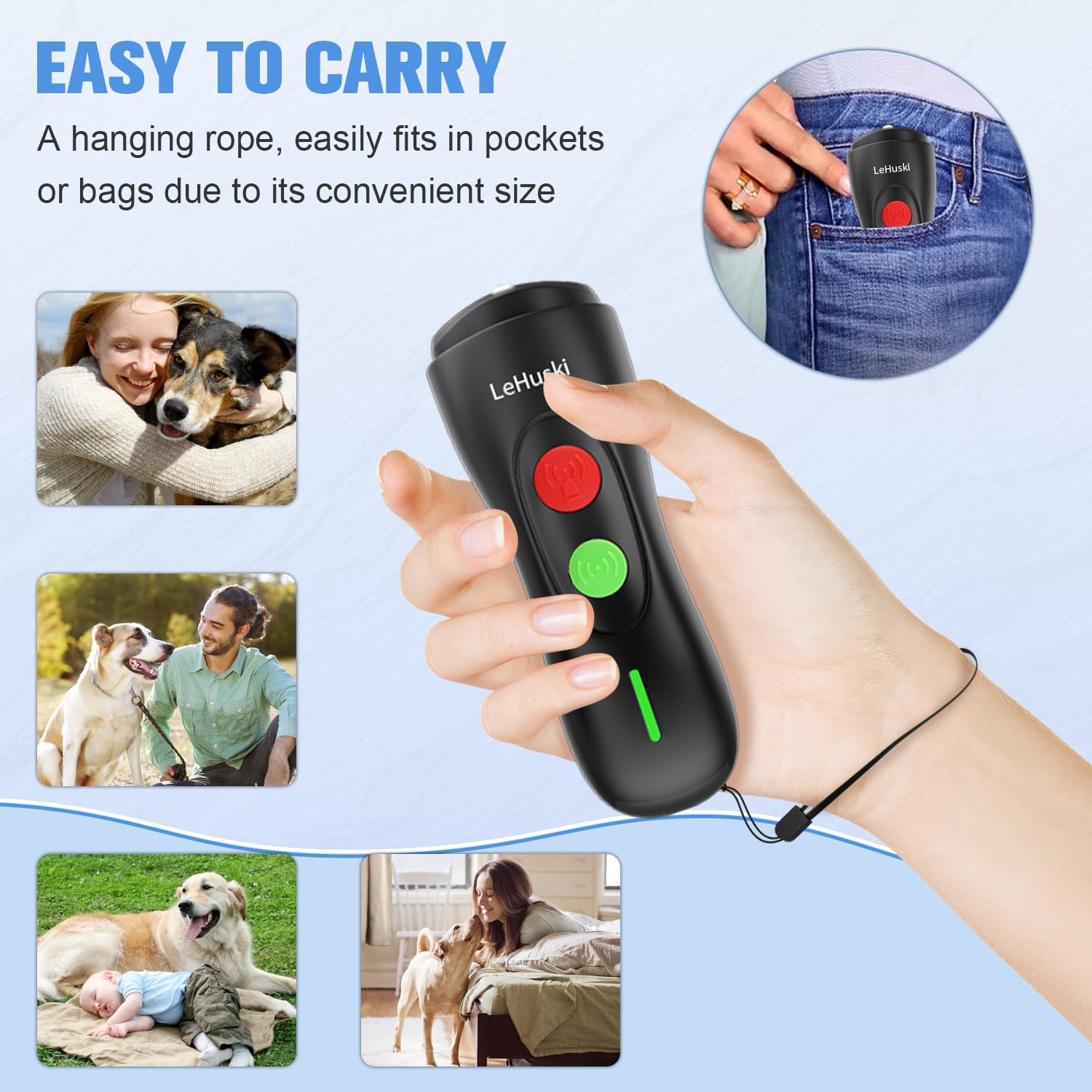 LeHuski Anti Barking Device Rechargeable Ultrasonic Dog Bark Deterrent Stops Bad Behavior Up to 50 Ft Effective Control Range Safe Humane for Indoor Outdoor Use Black