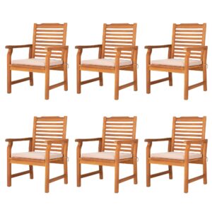 phi villa 6 pieces acacia wood outdoor dining chairs with cushions, patio wooden armchairs set of 6, natural teak dining chairs for deck, yard, porch