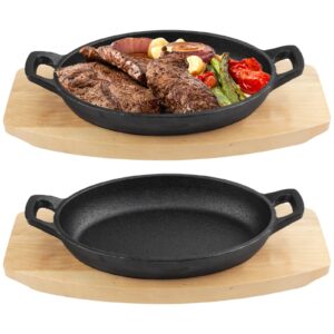 cast iron skillet with wooden base, 2 sets mini cast iron fajita plate with base, anti-scald wooden base cast iron baker, matte black small cast iron pan for dinner, bbqs, kitchens, restaurants