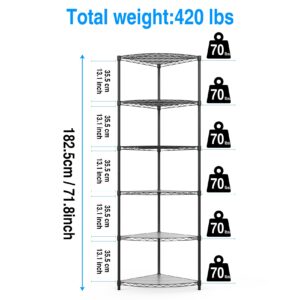 Ufurpie 6 Tier Narrow Corner Wire Shelving Unit NSF Metal Shelf, 420lbs Capacity, Adjustable Storage Rack with Leveling Feet & Shelf Liners for Kitchen Garage Room,72" H X 18" L X 18" D