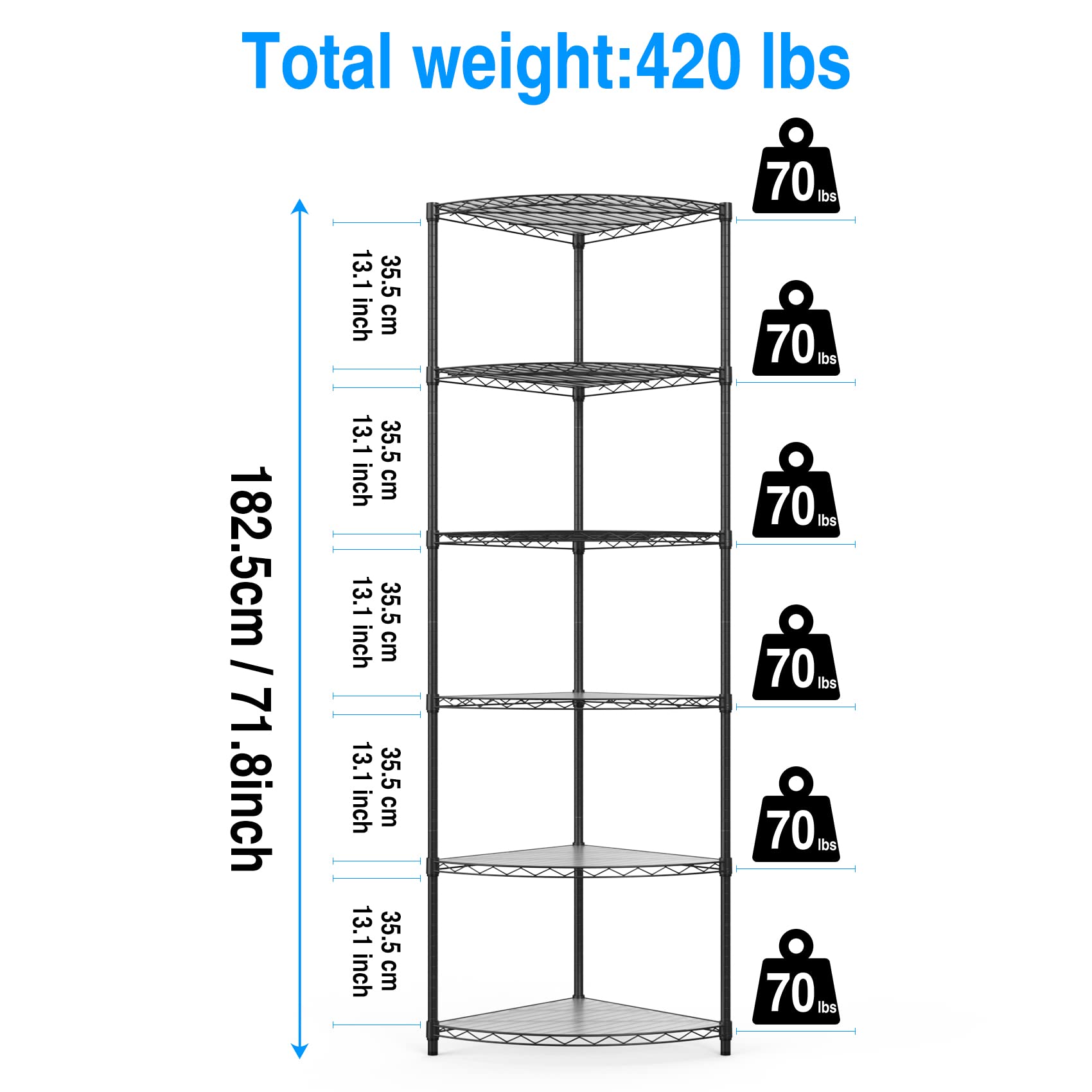 Ufurpie 6 Tier Narrow Corner Wire Shelving Unit NSF Metal Shelf, 420lbs Capacity, Adjustable Storage Rack with Leveling Feet & Shelf Liners for Kitchen Garage Room,72" H X 18" L X 18" D