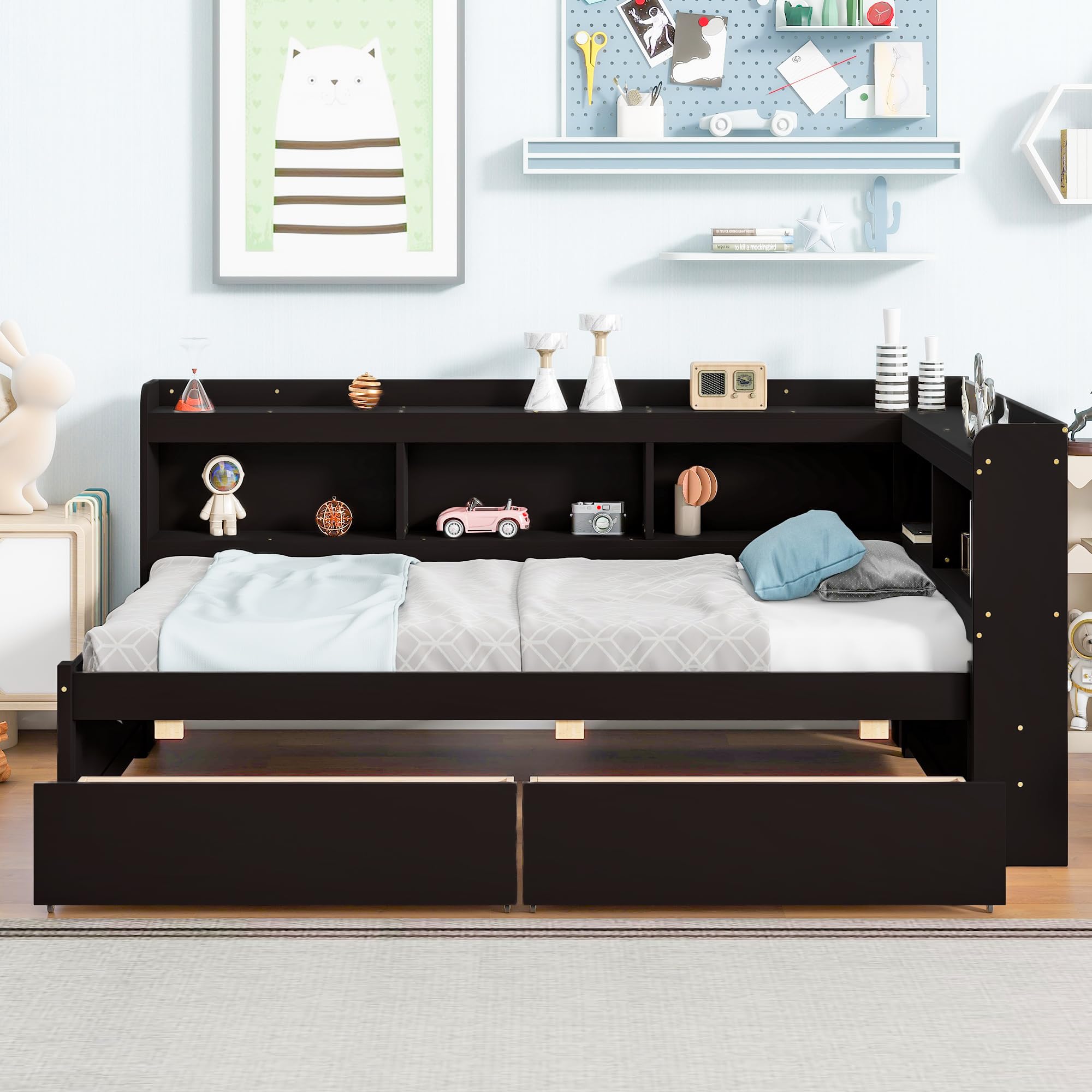 Harper & Bright Designs Twin Bed Frame with L-Shaped Bookcases, Wooden Twin Size Platform Bed with 2 Storage Drawers,Twin Bed with Storage for Kids Teens Girls Boys, Espresso