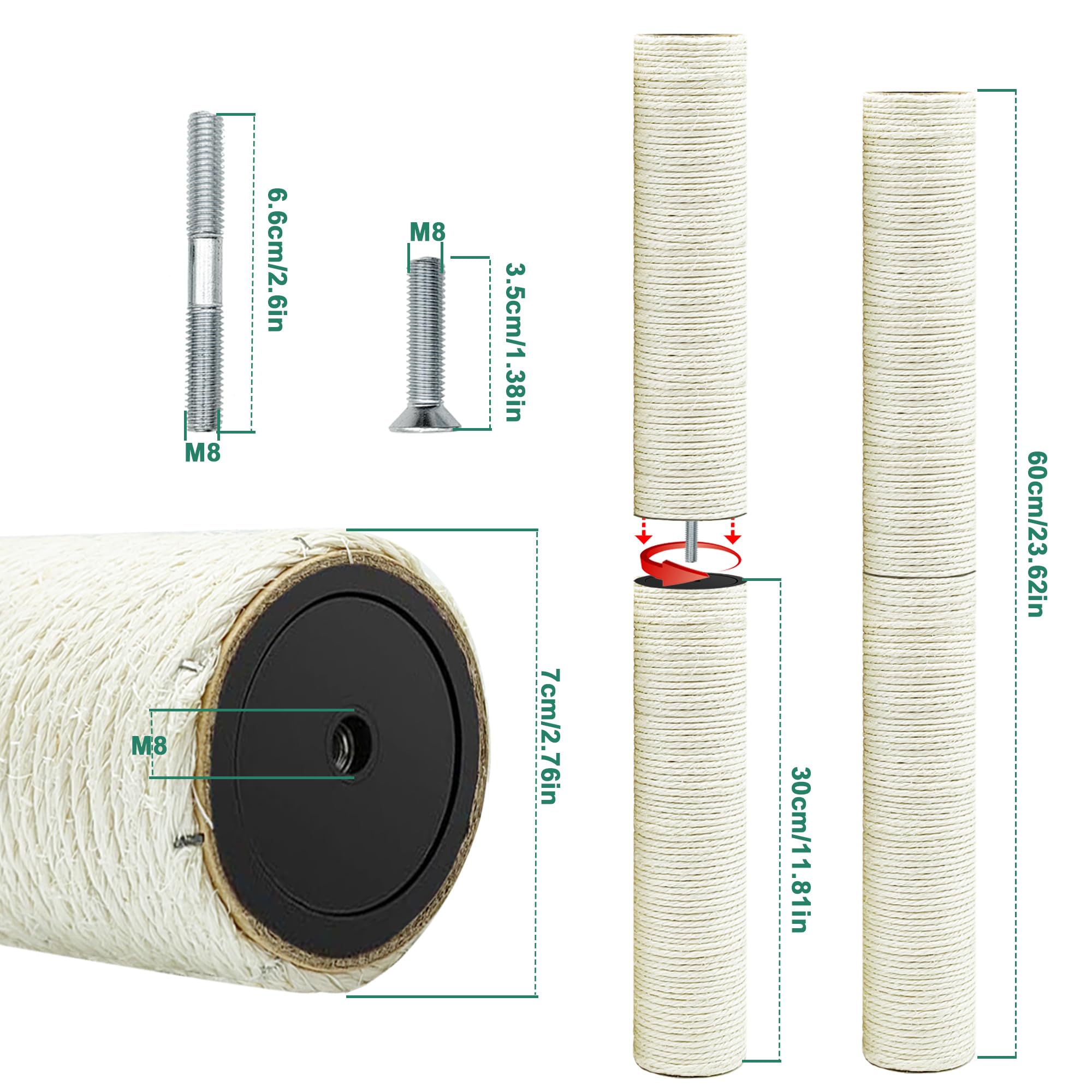 Cat Scratching Post Replacement Pole，2 PCS 11.81in Cat Tree Replacement Post，Natural Sisal Cat Tree Replacement Parts with M8 Screws，Cat Scratch Post Replacement for Refurbishment (11.8in/30cm)