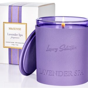 M&SENSE Lavender Spa Soy Candles for Home Scented, Stress Relief Aromatherapy Candles for Meditation Spa Yoga, Leather Wrapped Luxury Candle Gifts for Women,40 Hours Long Lasting, 7.4oz