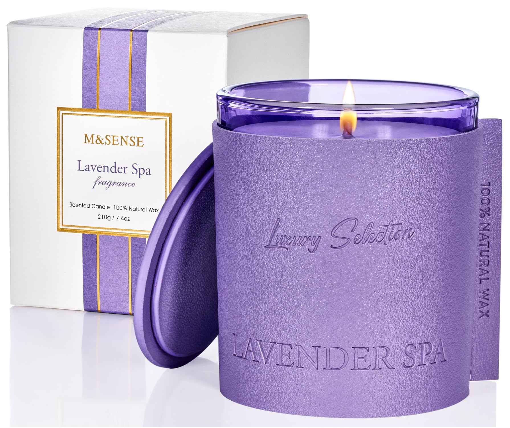 M&SENSE Lavender Spa Soy Candles for Home Scented, Stress Relief Aromatherapy Candles for Meditation Spa Yoga, Leather Wrapped Luxury Candle Gifts for Women,40 Hours Long Lasting, 7.4oz