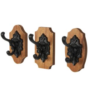 deco 79 wooden fleur de lis vintage inspired wall hook with black metal hooks and curved edges, set of 3 4" w, 6" h, brown