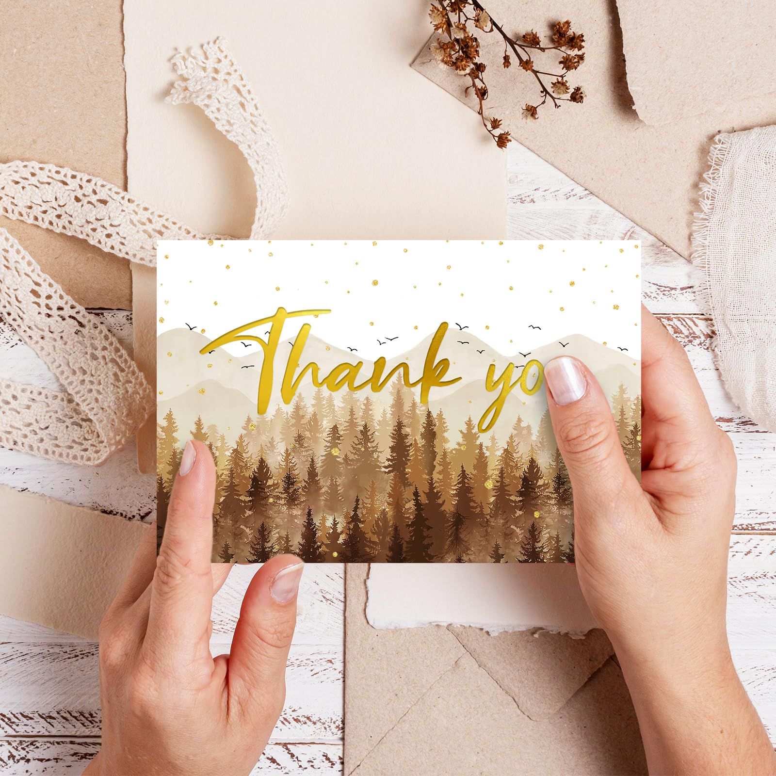 Whaline 50 Packs Fall Forest Gold Foil Thank You Cards Autumn Nature Greeting Cards Blank Note Cards with Envelopes and Stickers for Thanksgiving Wedding Birthday Party, 4 x 6 Inch