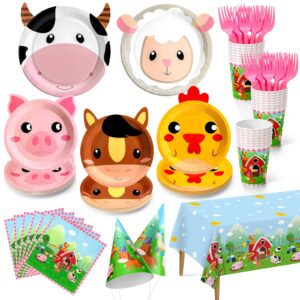 farm animal party plates set, serve 24 cute animal shaped disposable party plates and napkins, cups, tablecloth, forks, hats, party supplies for kids birthday decorations, baby shower