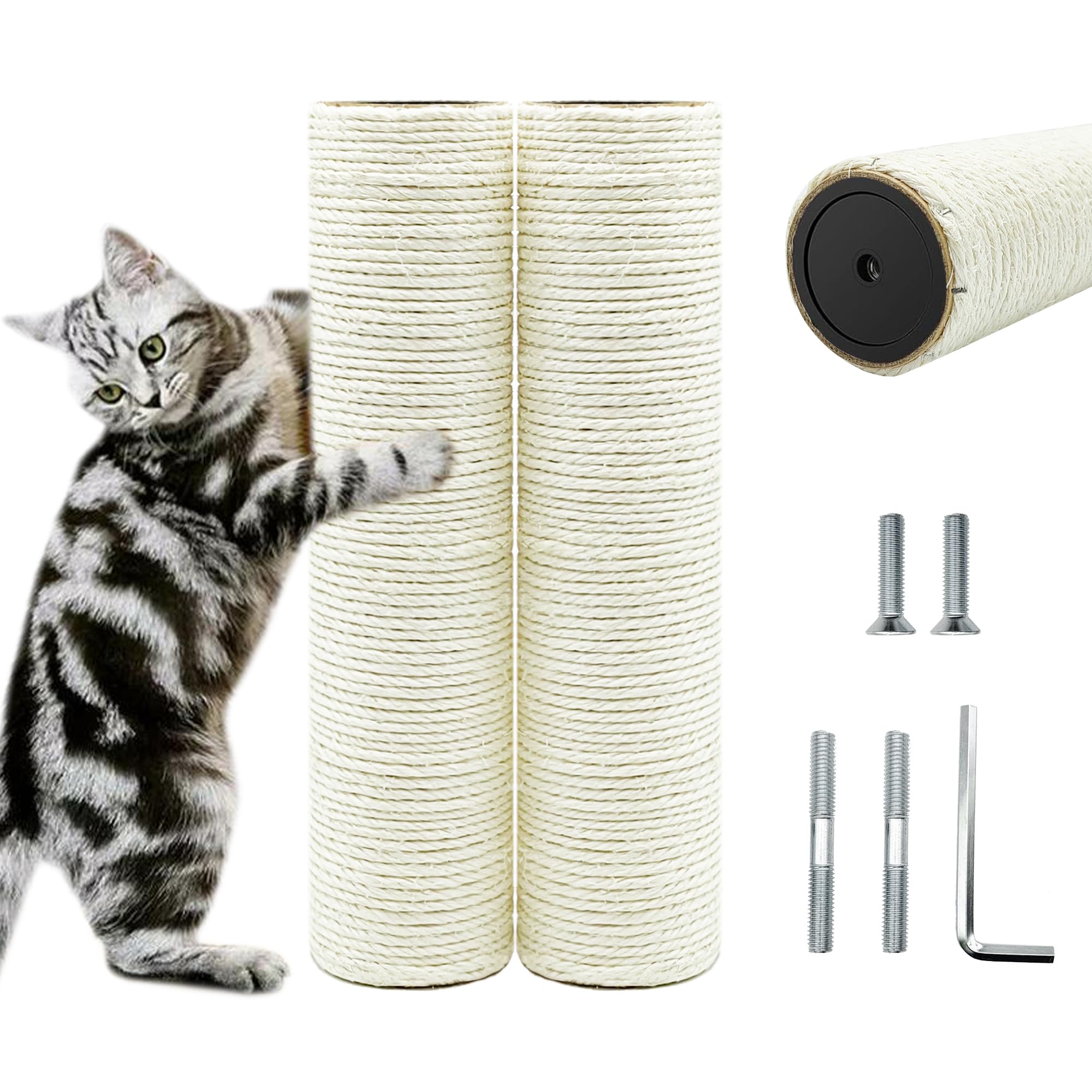 Cat Scratching Post Replacement Pole，2 PCS 11.81in Cat Tree Replacement Post，Natural Sisal Cat Tree Replacement Parts with M8 Screws，Cat Scratch Post Replacement for Refurbishment (11.8in/30cm)