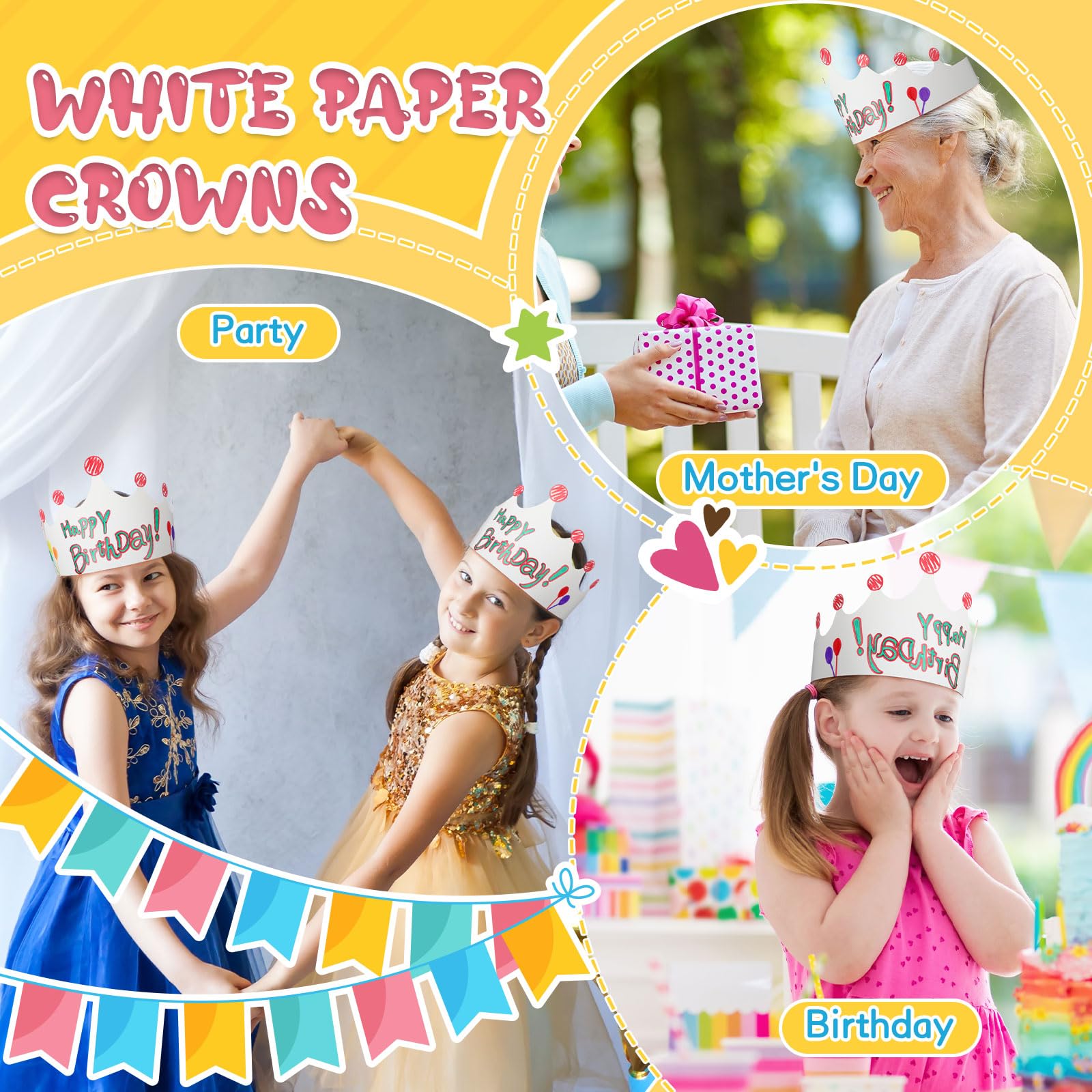 Jetec 50 Pcs White Paper Crowns Kids DIY Birthday Crowns for Classroom Birthday Party Hats Decorations Baby Shower Supplies (Cute)