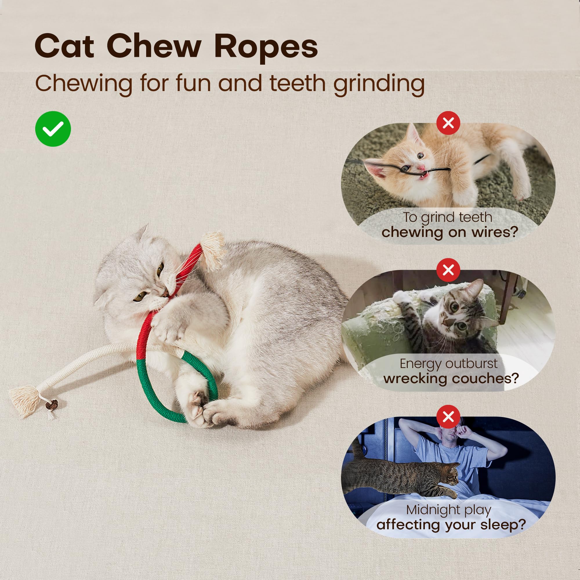 Potaroma Cat Toys Chew Ropes 3Pcs with Refillable Natural Catnip, Safe Teeth Cleaning Toy for Indoor Kittens, Interactive Cat Nip Kitty Toys for All Breeds 19.5 Inches