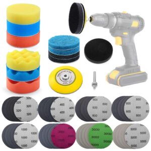 poliwell car headlight restoration kit, 3 inch car polishing sanding discs kit, 3 in sandpaper grit 320-5000 headlights sanding sheets with 1/4” shank backing, buffing sponge pads for drill, 52 pcs