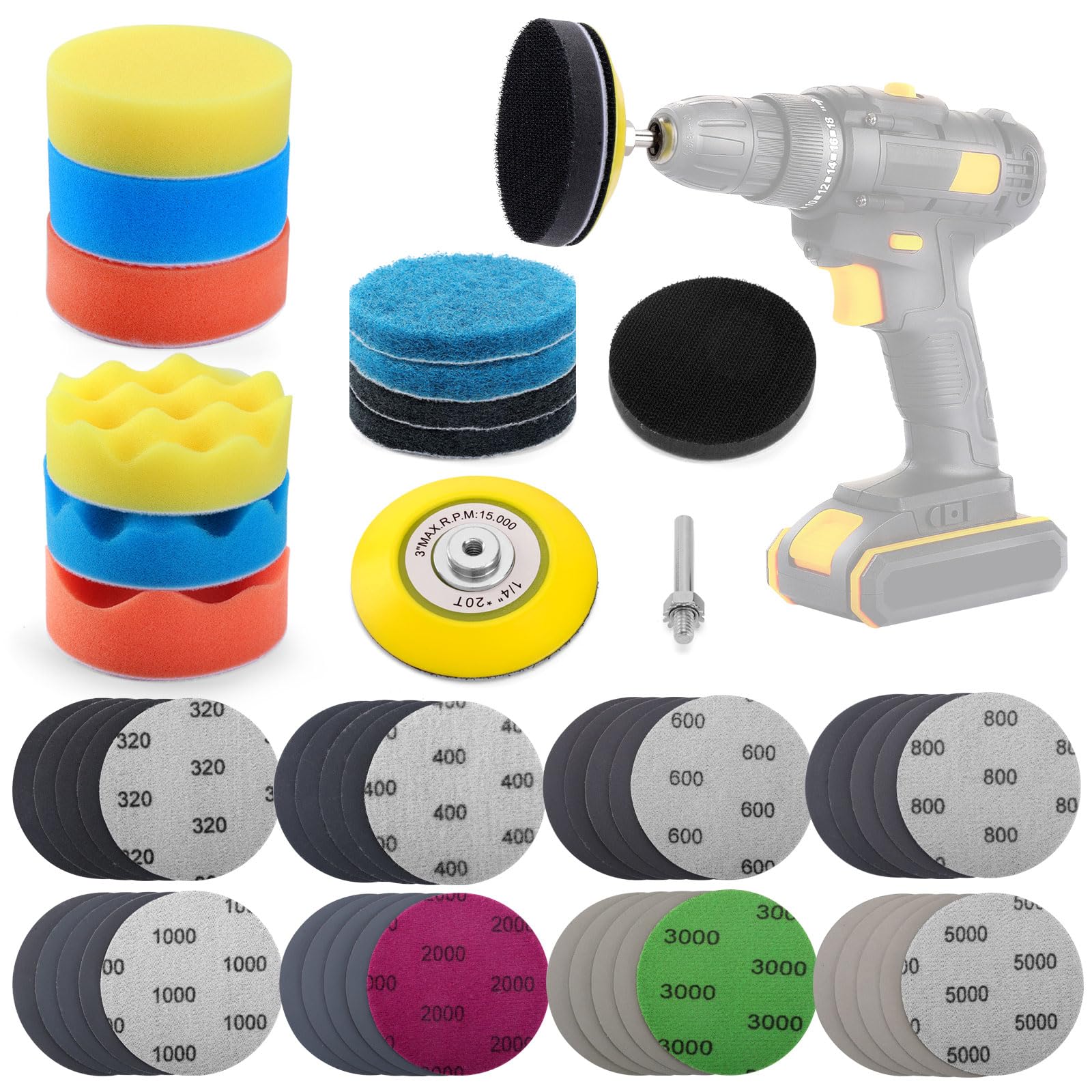 POLIWELL Car Headlight Restoration Kit, 3 Inch Car Polishing Sanding Discs Kit, 3 in Sandpaper Grit 320-5000 Headlights Sanding Sheets with 1/4” Shank Backing, Buffing Sponge Pads for Drill, 52 PCS